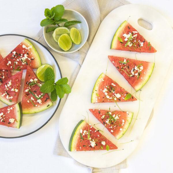 Compressed watermelon, togarashi, feta, mint and a squeeze of fresh ...