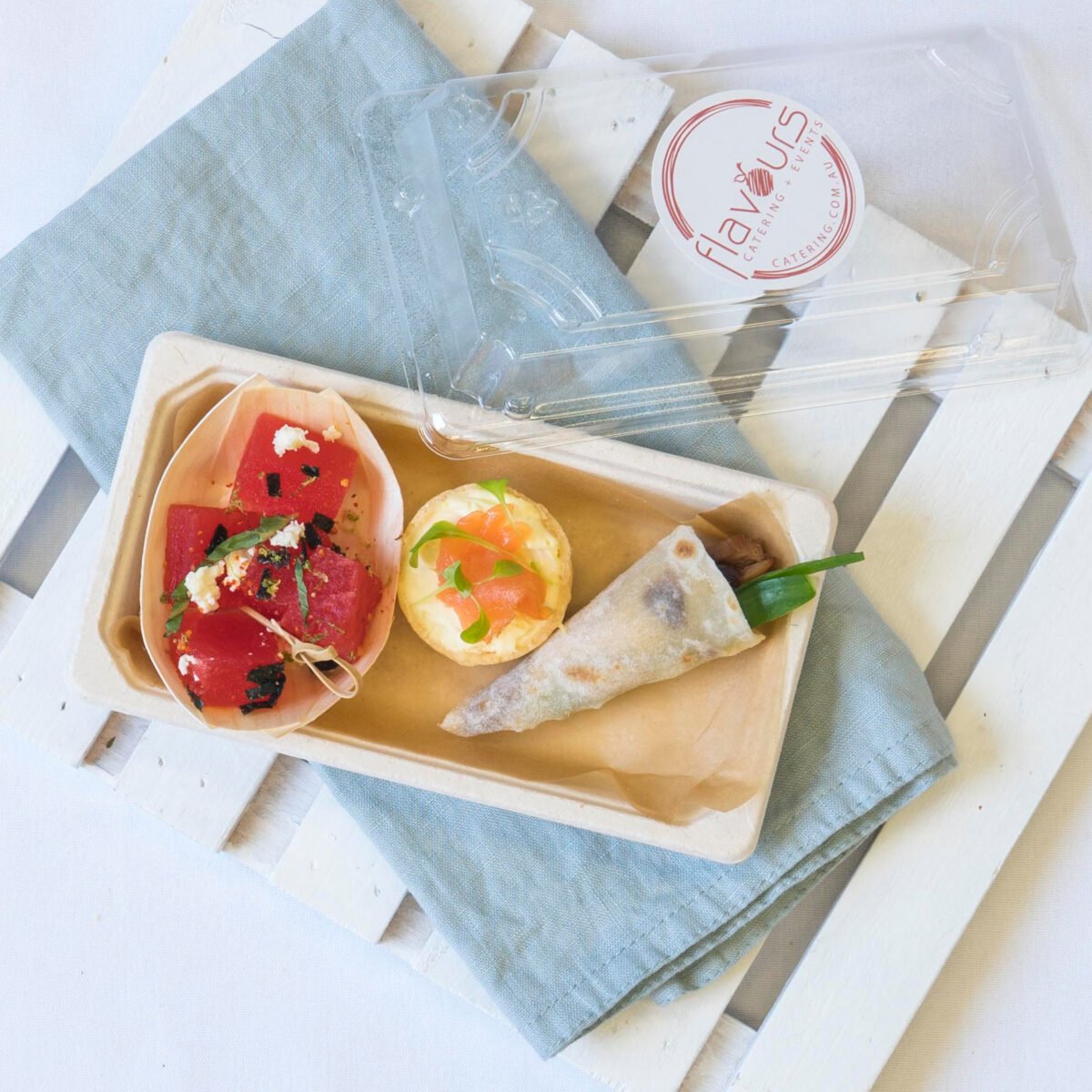 Canape pack 4 - Compressed watermelon, salmon tart + duck pancake ...